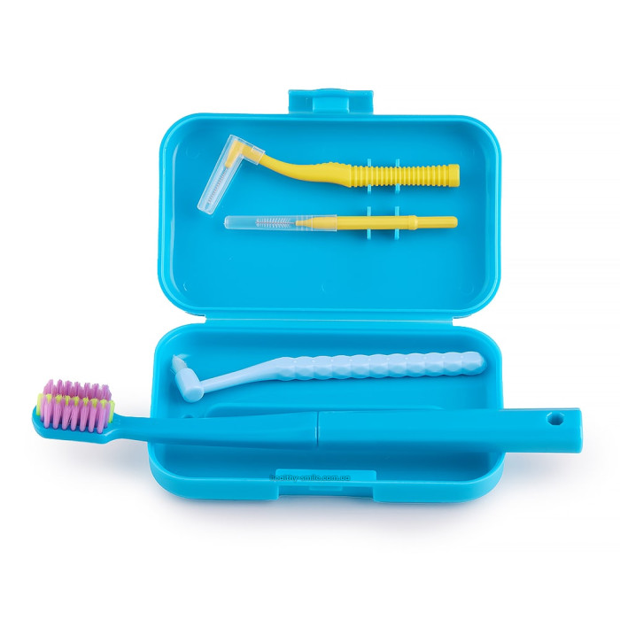 Orthodontic set for care of braces with a mono-beam brush, blue